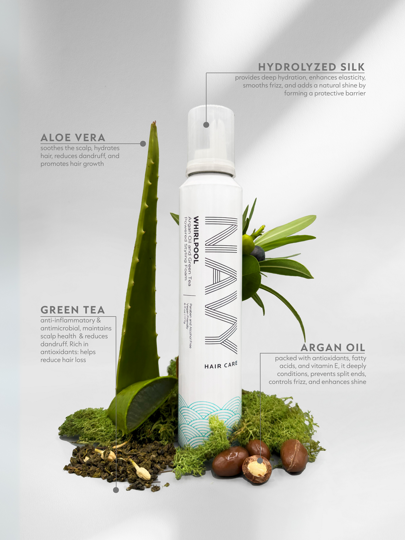 Whirlpool Argan Oil and Green Tea Powered Styling Foam – Navy Hair Care